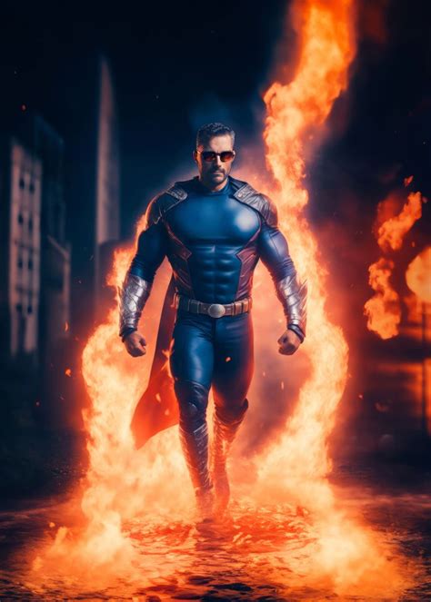Superhero Walking In Fire Poster Picture Metal Print Paint By