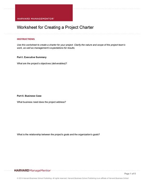 Worksheet For Creating A Project Charter Worksheet For Creating A