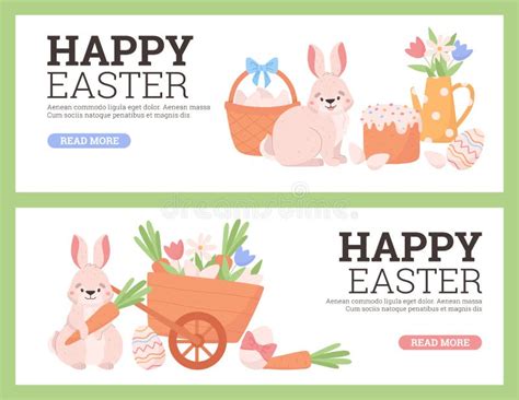 Happy Easter Banners Or Flyers Set With Rabbits And Flowers Flat Vector