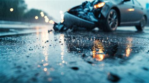 Raining On A Wet Road After A Car Accident Ai Generated Stock