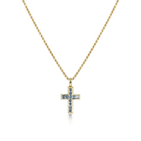 Yellow Gold Blue Topaz Cross Pendant Rich Diamonds