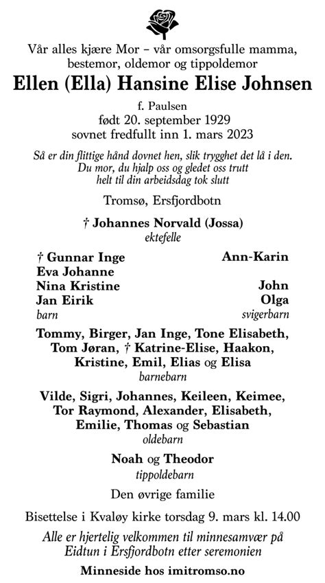 Ellen Ella Hansine Elise Johnsen Imi Tromsø Begravelsesbyrå As