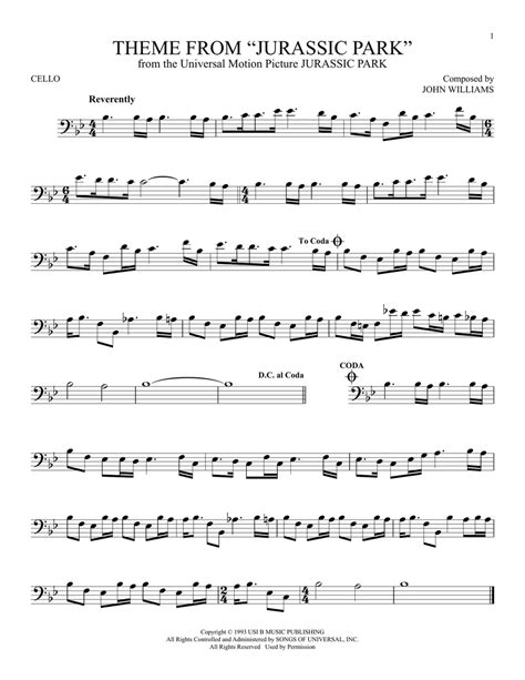 Theme From Jurassic Park By John Williams Cello Solo Digital Sheet