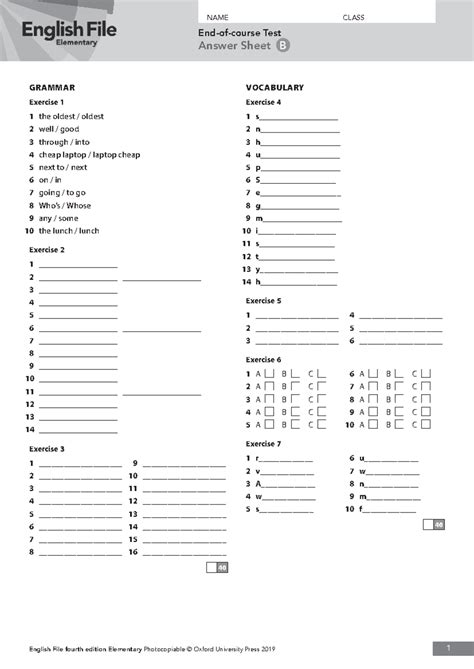 Ef4e Elem End Of Course Test B Answer Sheet English File Fourth