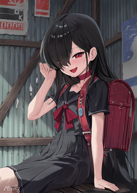 Safebooru 1girl Backpack Bag Black Hair Crime Prevention Buzzer Fang