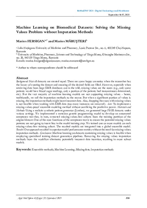 Pdf Machine Learning On Biomedical Datasets Solving The Missing Values Problem Without