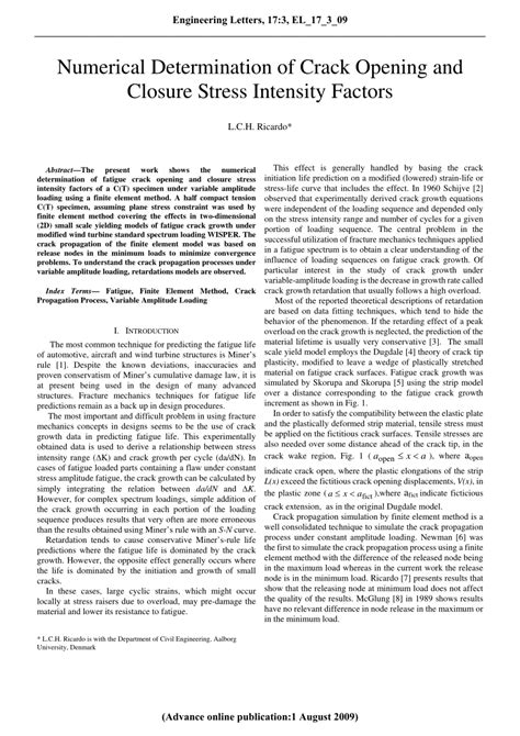 Pdf Numerical Determination Of Crack Opening And Closure Stress