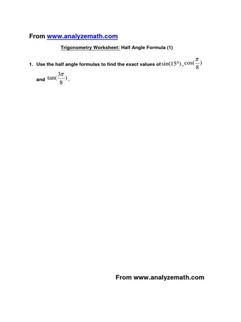 15 Sin 8 Cos 8 3 Tan Trigonometry Worksheet Half Angle Formula Pdf