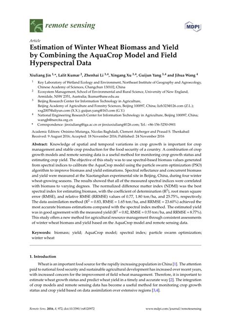 Pdf Estimation Of Winter Wheat Biomass And Yield By Combining The