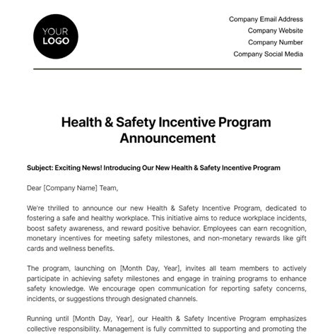 Health And Safety Incentive Program Announcement Template Edit Online