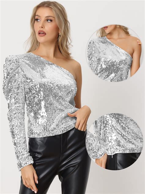 Sparkly Sequin One Shoulder Puff Long Sleeve Shimmer Tops Allegra K