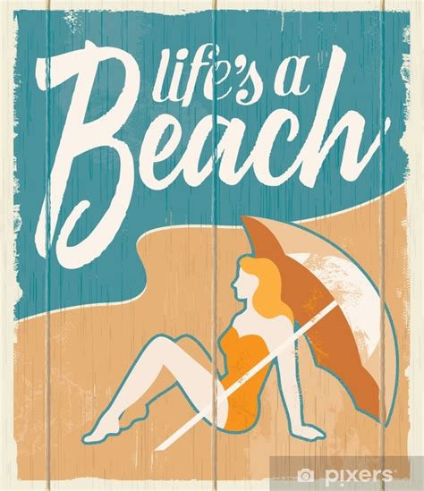 Sticker Vintage Retro Beach Poster Vector Wooden Sign Pixersus