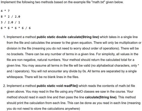 Implement The Following Two Methods Based On The Example File Mathtxt Given Below 4 7 8