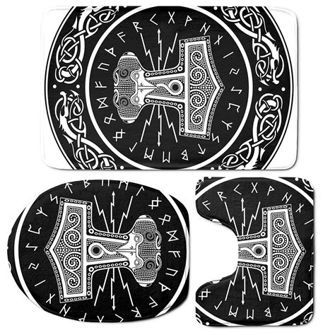 Mjolnir Norse Mythology Print 3 Piece Bath Mat Set Gearfrost