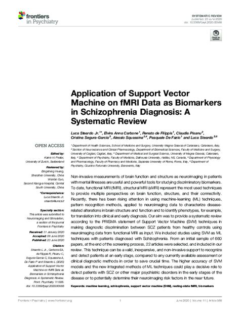 Pdf Application Of Support Vector Machine On Fmri Data As Biomarkers In Schizophrenia