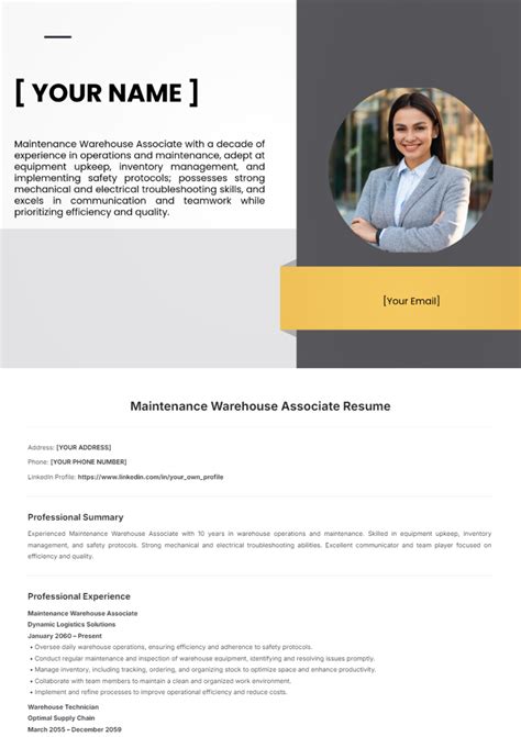 Free Maintenance Warehouse Associate Resume Template To Edit Online