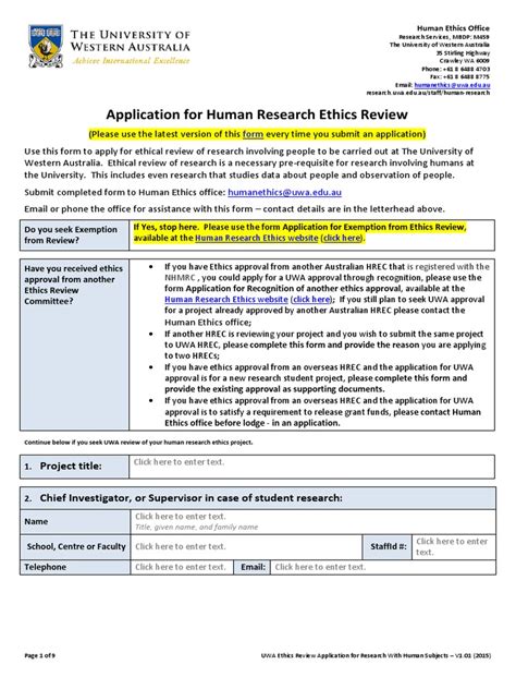 Application For Ethics Review Of Research Involving Human Subjects