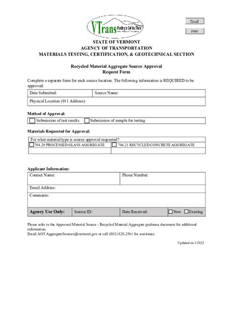Fillable Online Outside Vermont Recycled Material Aggregate Source