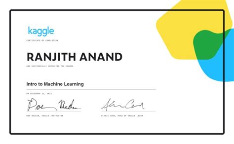 Ranjith Anand Completed The Intro To Machine Learning Course On Kaggle