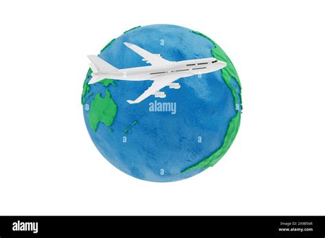 Passenger Airplane Flies Around Plasticine Globe Earth On A White Background 3d Rendering Stock