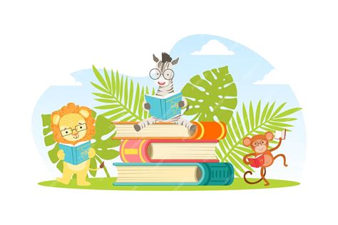 Animais Bonitos Da Selva Em óculos Sentados Em Pilhas De Livros Zebra Leão E Macaco Personagens
