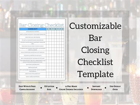 Bar Closing Checklist Restaurant Bar Cleaning List Bar Etsy