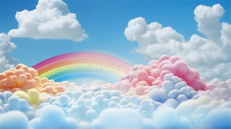 Rainbow Fluffy Clouds Of Pink Purple Turquoise Blue Yellow Colors With Rainbows Cartoon