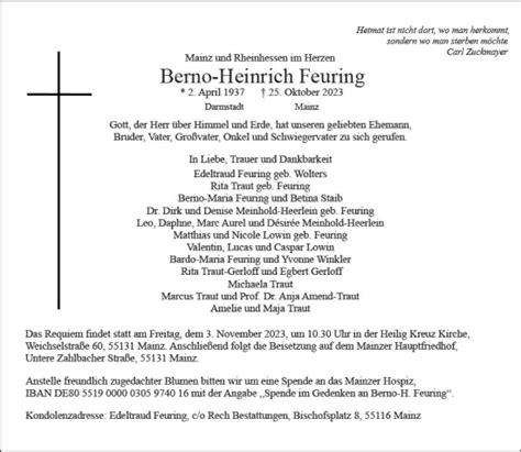 Traueranzeigen Von Berno Heinrich Feuring Vrm Trauer De