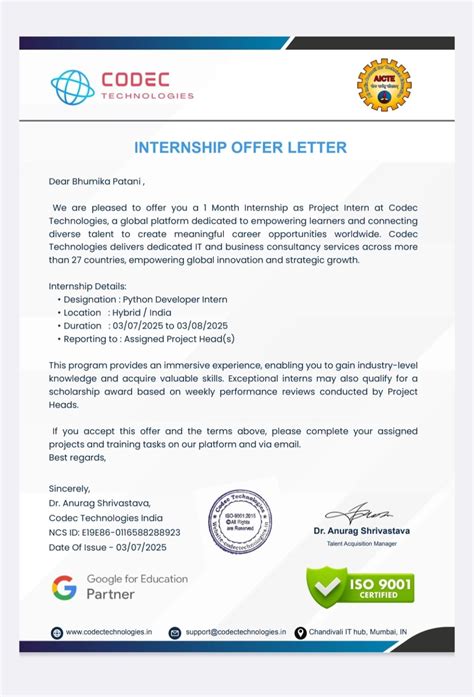 Offerletter Pythondeveloperintern Codectechnologies Grateful