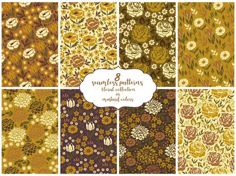 8 Seamless Patterns Floral Collection In Mustard Colors Vector