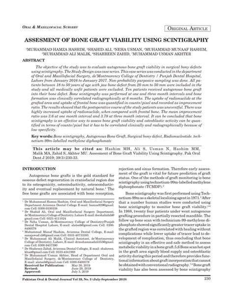Pdf Assesment Of Bone Graft Viability Using Scintigraphy
