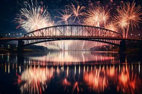 Willow Firework On Festival Night Display Over The Bridge Reflection