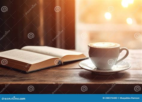 Close Up Of Coffee Cup And Book On Wooden Table Stock Illustration