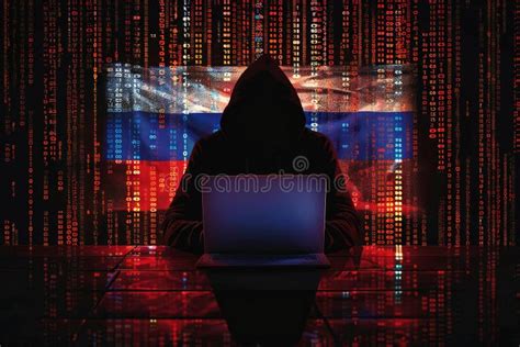 The Russian Flag Is Made Of Binary Code The Hacker In Front With His