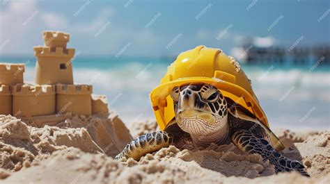 A Sea Turtle Wearing A Yellow Construction Helmet On A Beach With A