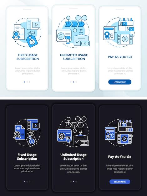Premium Vector Types Of Subscription Night Day Mode Onboarding Mobile App Screen