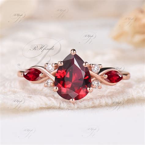 Unique Teardrop Ruby Ring Set Vintage Pear Cut Ruby Engagement Etsy