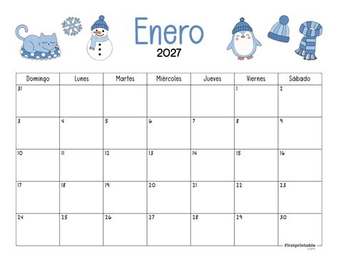 Calendario Enero 2027 Plantillas Gratis Para Imprimir