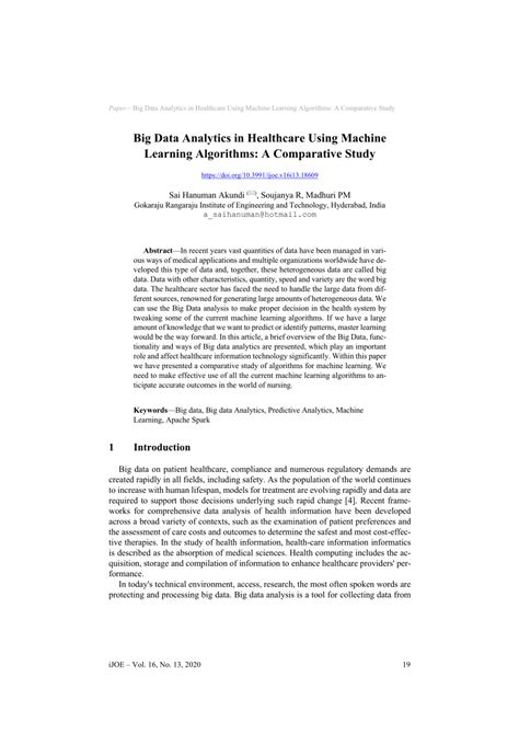 Pdf Big Data Analytics In Healthcare Using Machine Learning