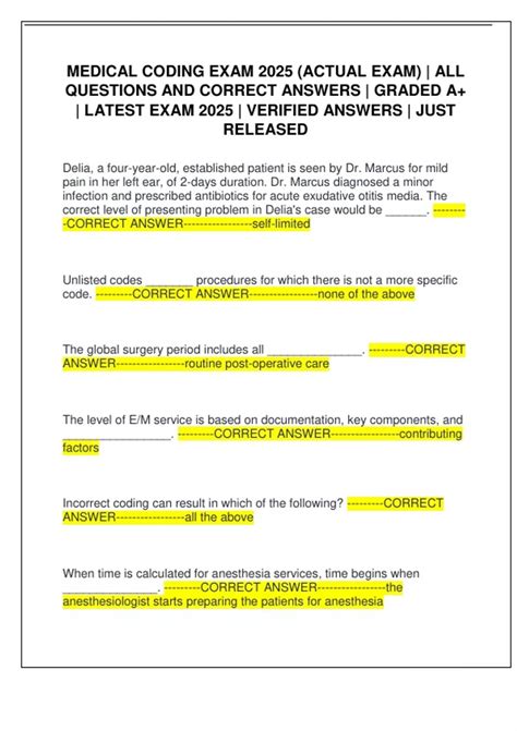 Medical Coding Exam 2025 Actual Exam All Questions And Correct