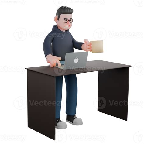 3d Illustrated Of Male Programmer A Male Programmer Is Standing Behind A Desk With His Right
