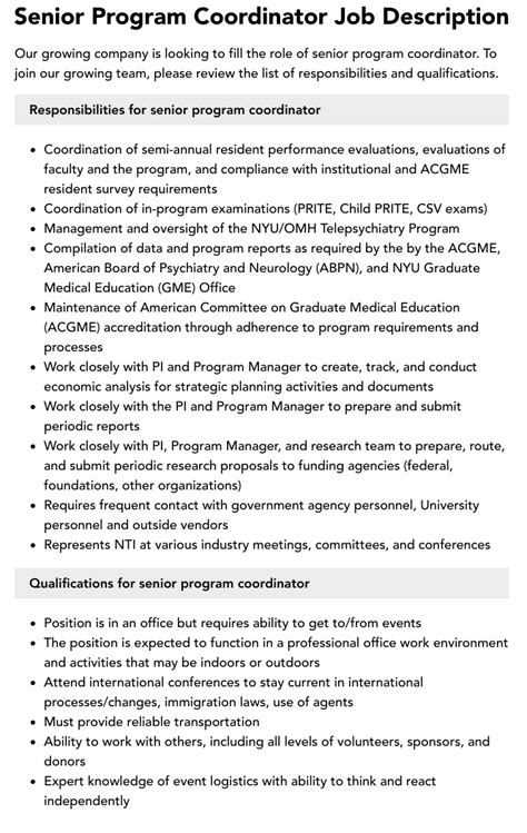Senior Program Coordinator Job Description Velvet Jobs