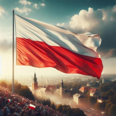 Polish Flag Flying In The Air Showcasing The White And Red Horizontal Stripes Premium Ai