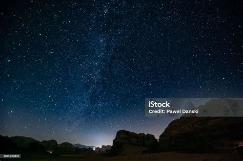 Wadi Rum Desert In Jordan At Night Stars And Milky Way In The Sky Stock