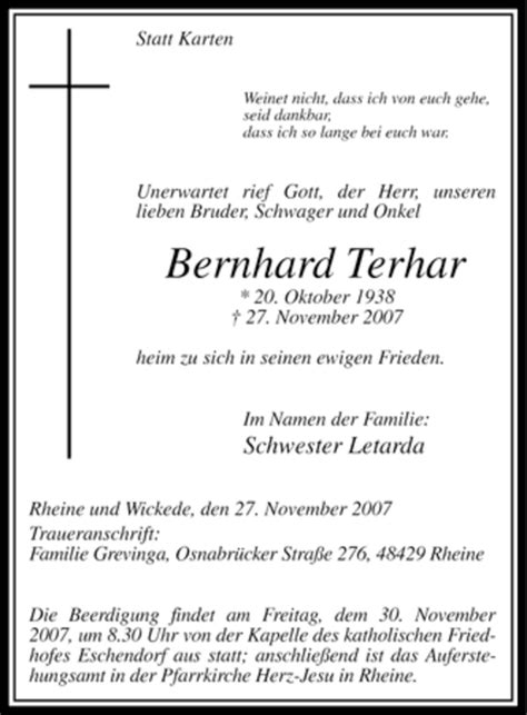 Traueranzeigen Von Bernhard Terhar Trauer In Nrwde