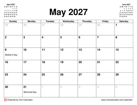 May 2027 Calendar Inch Calculator