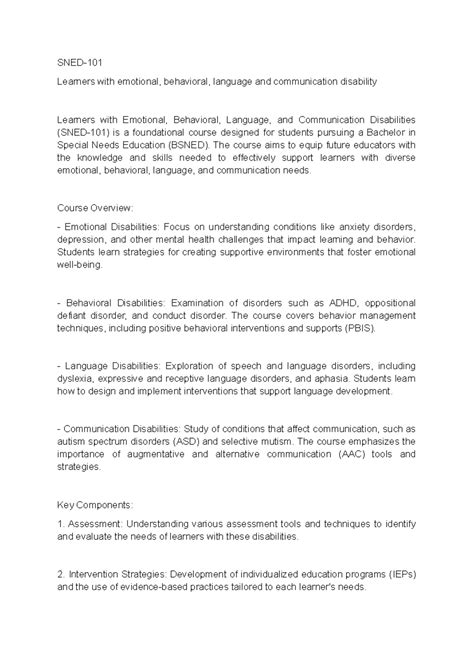 Sned 101 Understanding Emotional And Behavioral Disabilities Studocu