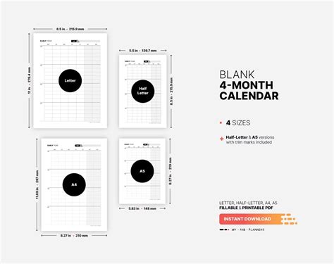 Blank 4 Month Calendar Fillable Printable Pdf Template Etsy