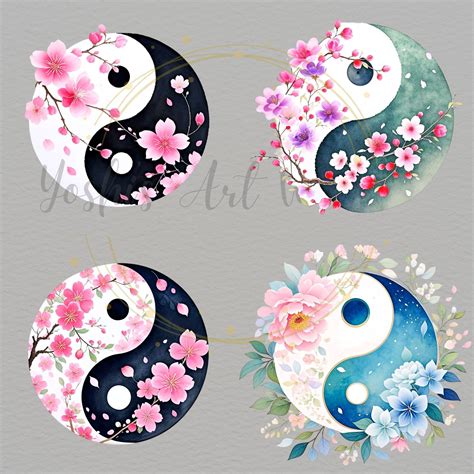 Watercolor Floral Yin Yang Png Bundle Digital Crafts Designs