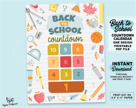 Countdown To Back To School Calendar Instant Download First Day Of